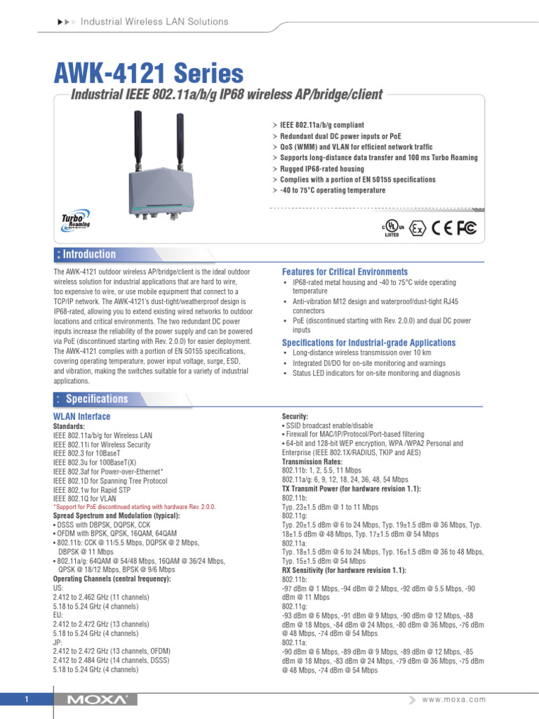 Moxa Awk 4121 Datasheet v1.0 | PDF | Ieee 802.11 | Computer Network
