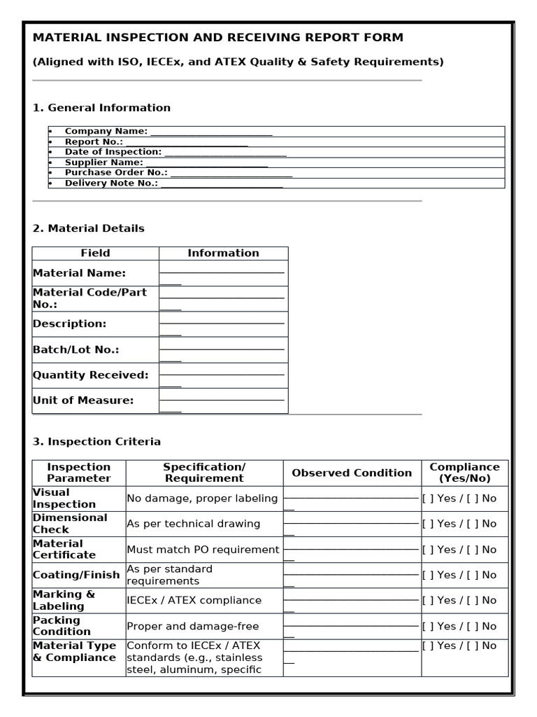 Material Inspection and Receiving Form | PDF | Specification (Technical Standard) | Building ...