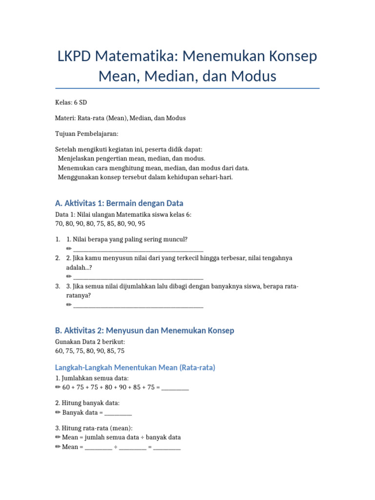 LKPD Mean Median Modus Kelas 6 | PDF