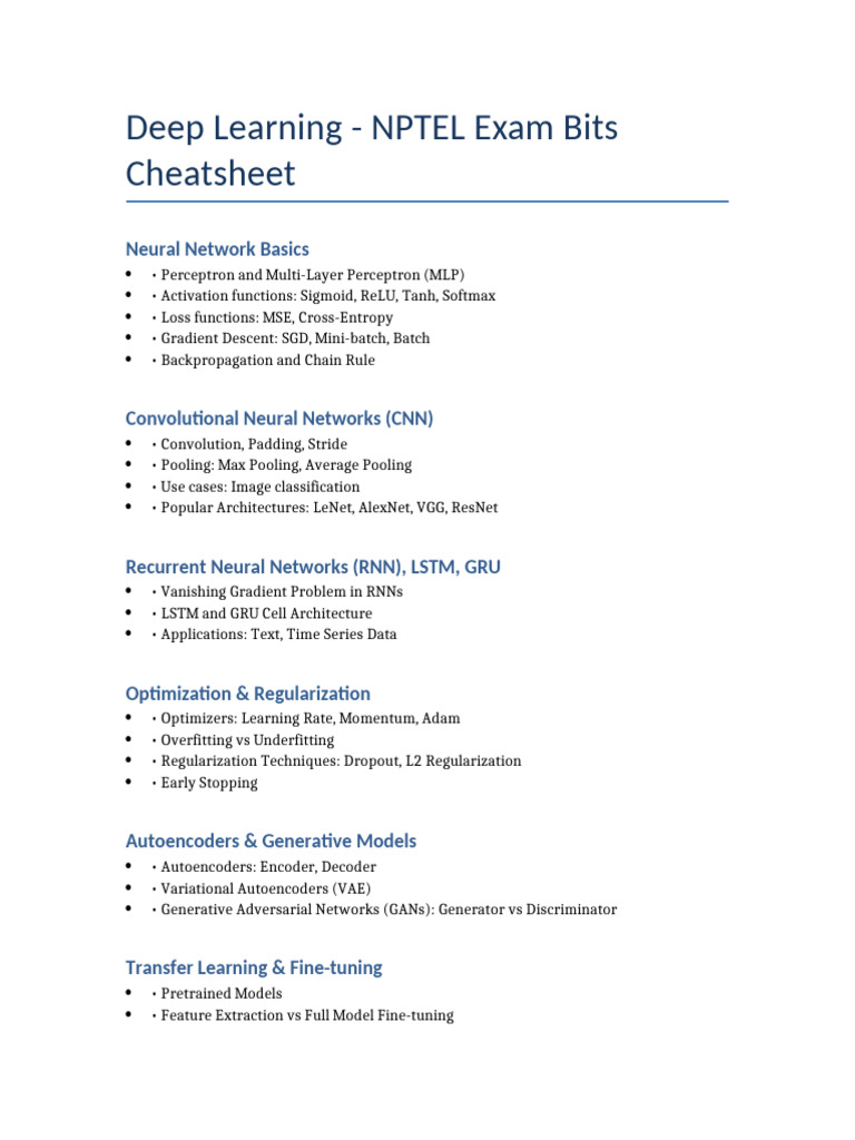 Deep Learning NPTEL Exam Cheatsheet | PDF