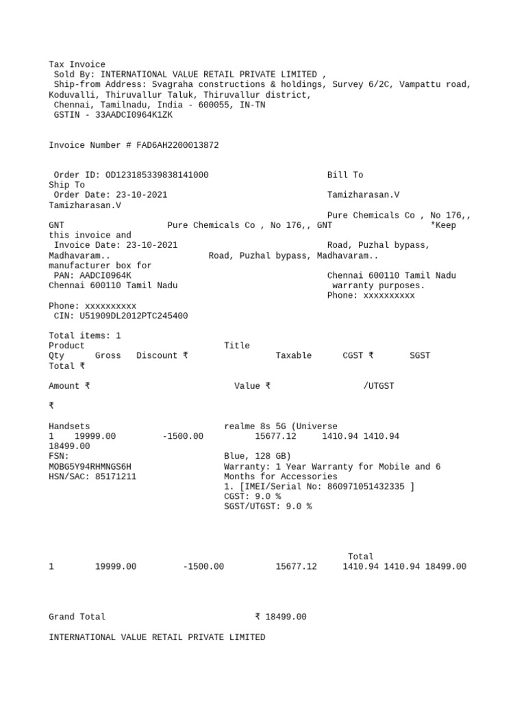 Realme 8s 5G Invoice | PDF | Taxes