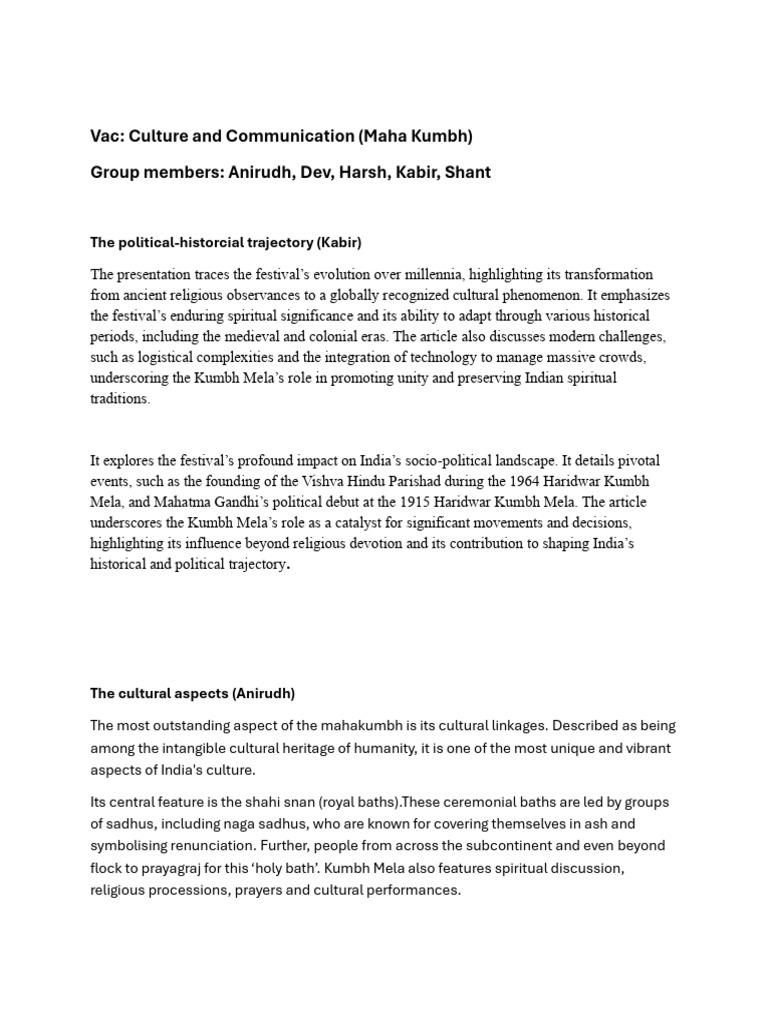 I Am Sharing 'Synopsis For Vac Presentation On Maha Kumbh' With You | PDF