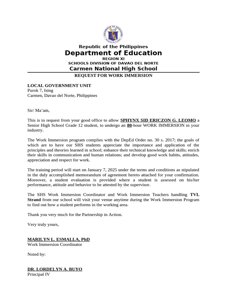 Request and Endorsement Letter SID | PDF | Behavior Modification ...