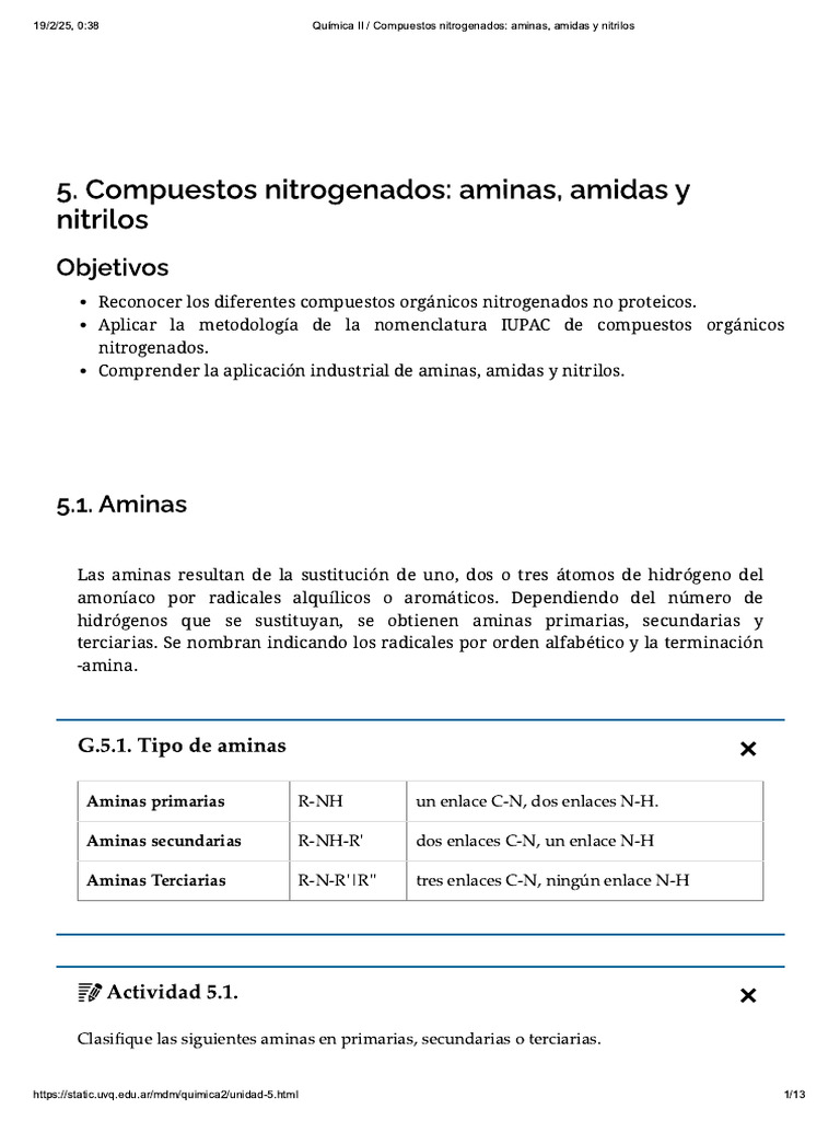 Química II _ Compuestos nitrogenados_ aminas, amidas y nitrilos | PDF