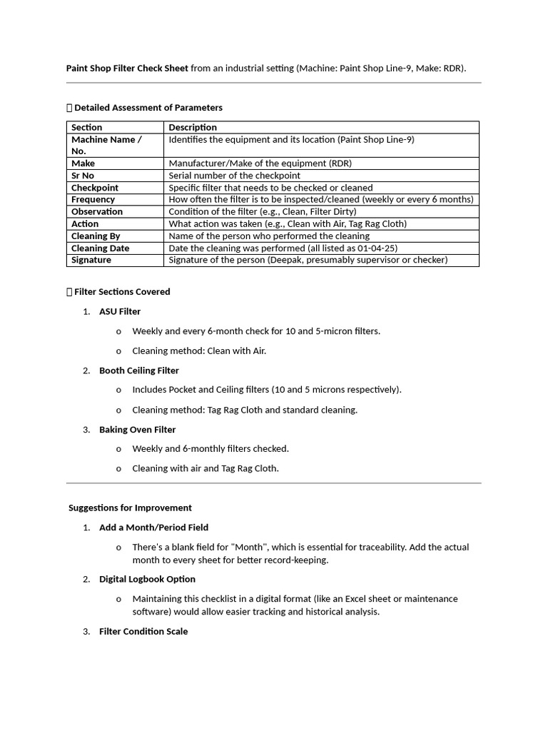 Paint Shop Filter Maintenance Checklist | PDF