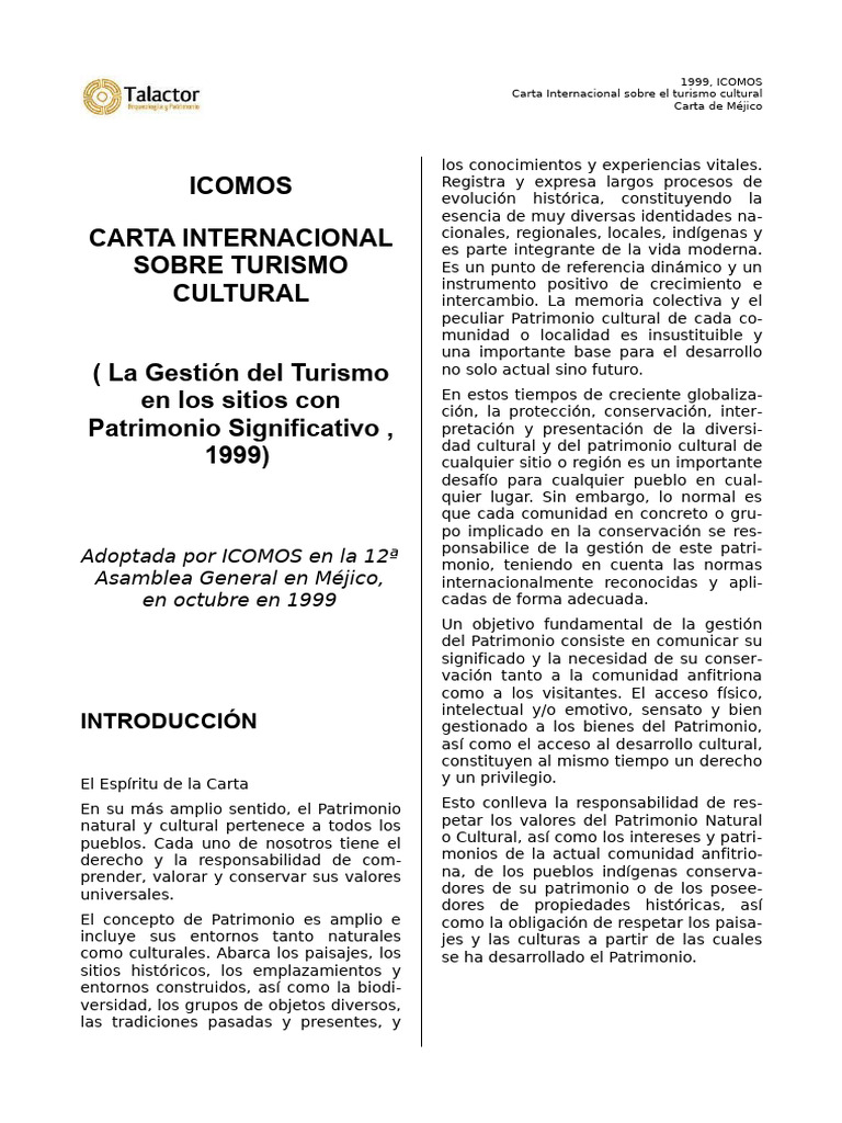 Carta Internacional Sobre Turismo Cultural | PDF | Turismo | Bienes (Ley)