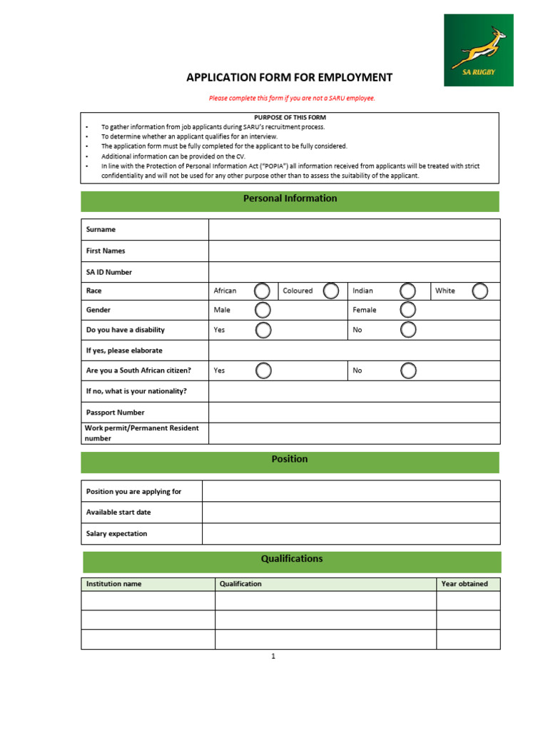 Sa Rugby Job Application Form | PDF | Employment | Labor