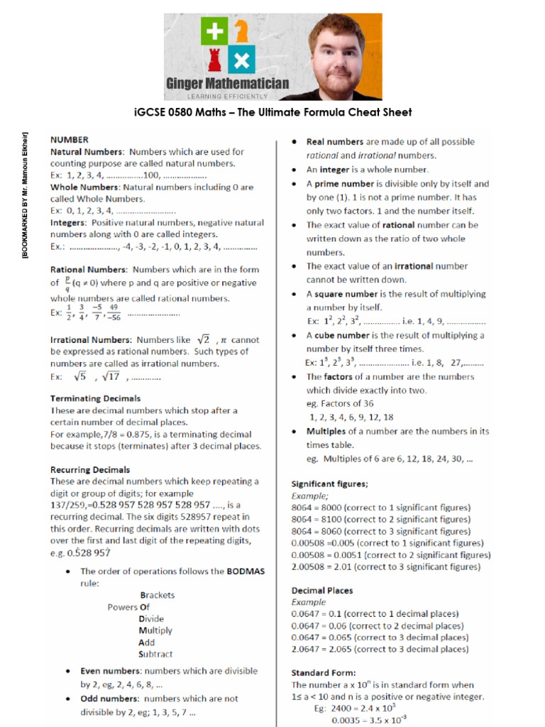IGCSE 0580 Formula Cheat Sheet 2025 (By Ginger Mathematician) (BOOKMARKED by Mamoun Elkheir) (C2 ...