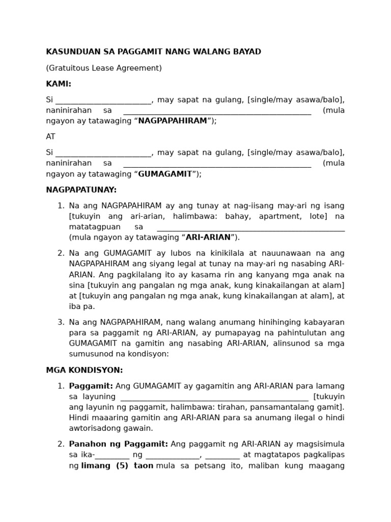 KASUNDUAN SA PAGGAMIT NANG WALANG BAYAD | PDF