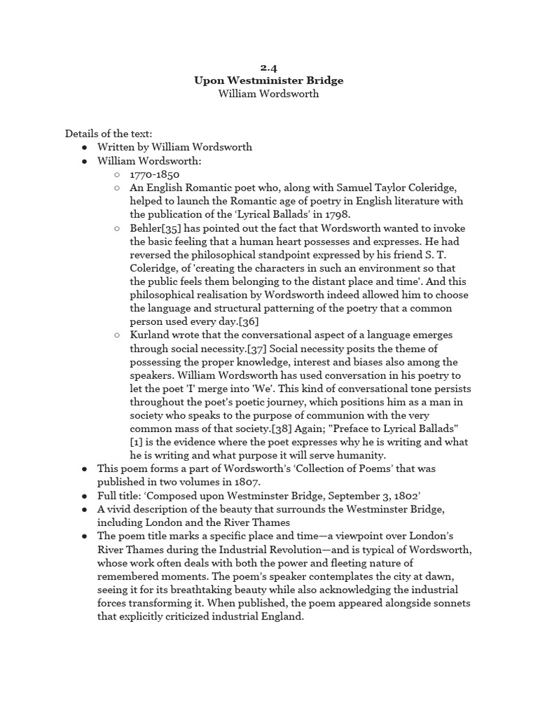 11th English Upon Westminster Bridge | PDF | William Wordsworth | Poetry