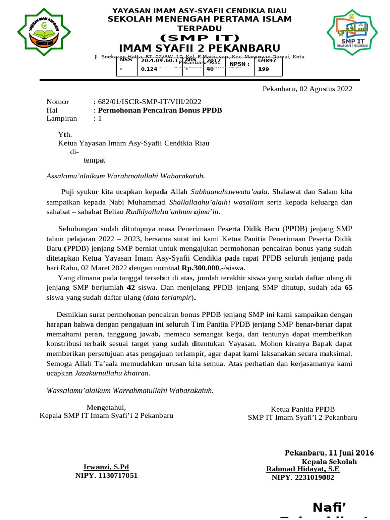 Surat Permohonan Pencairan Bonus PPDB T.P 2022 - 2023 | PDF