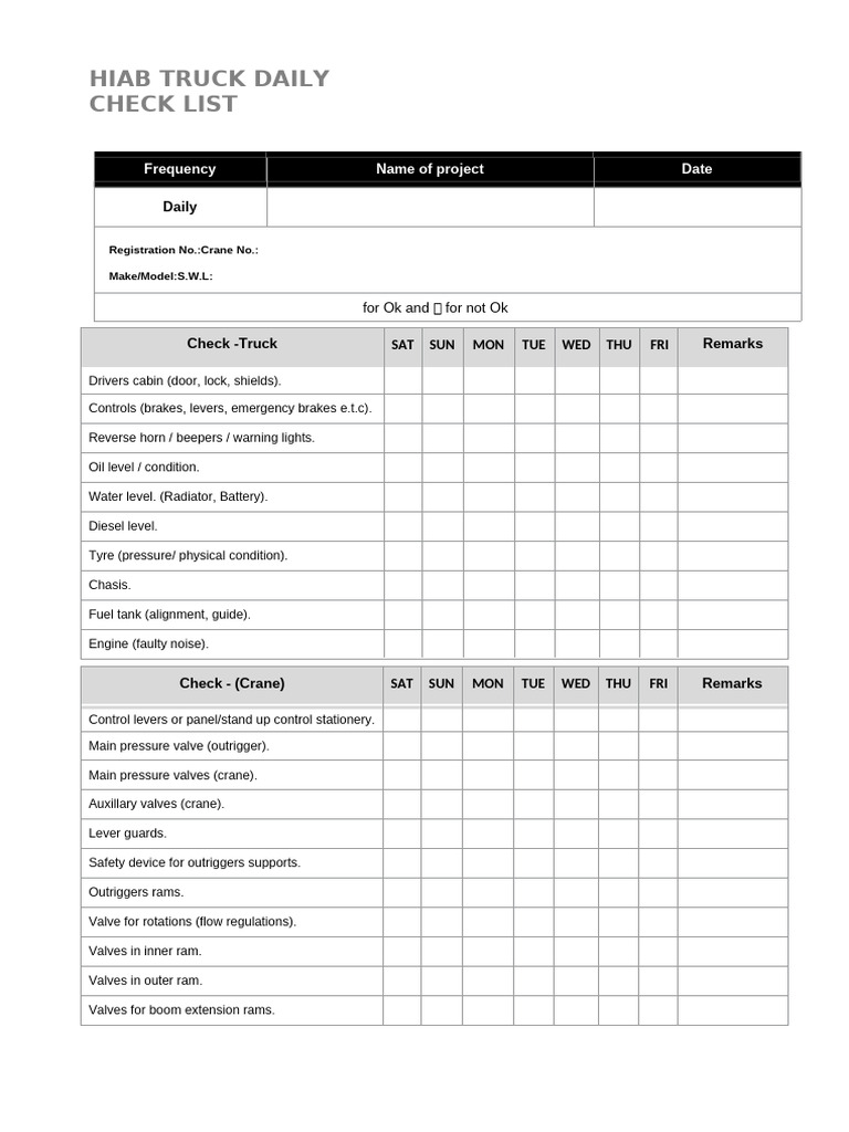 HIAB Truck Daily Inspection Checklist | PDF