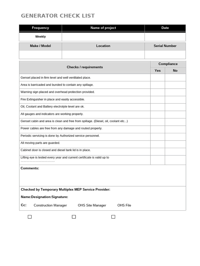 ME-OHS-F-091_01 - Generator Check List | PDF