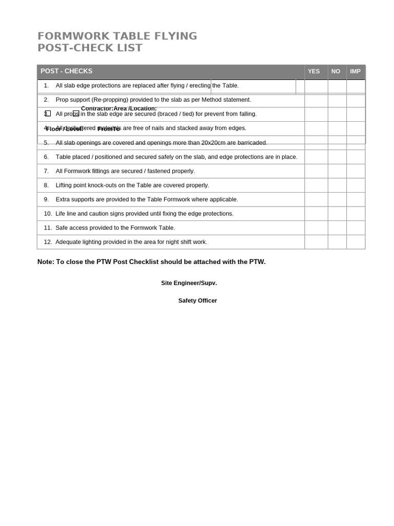 ME-OHS-F-099 - 01 - Formwork Table Flying Post Check List | PDF