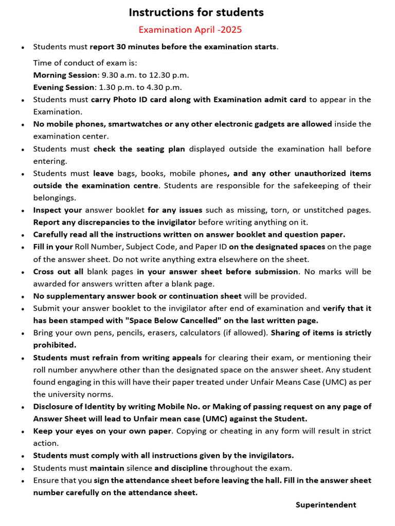 Exam Instructions for April 2025 | PDF
