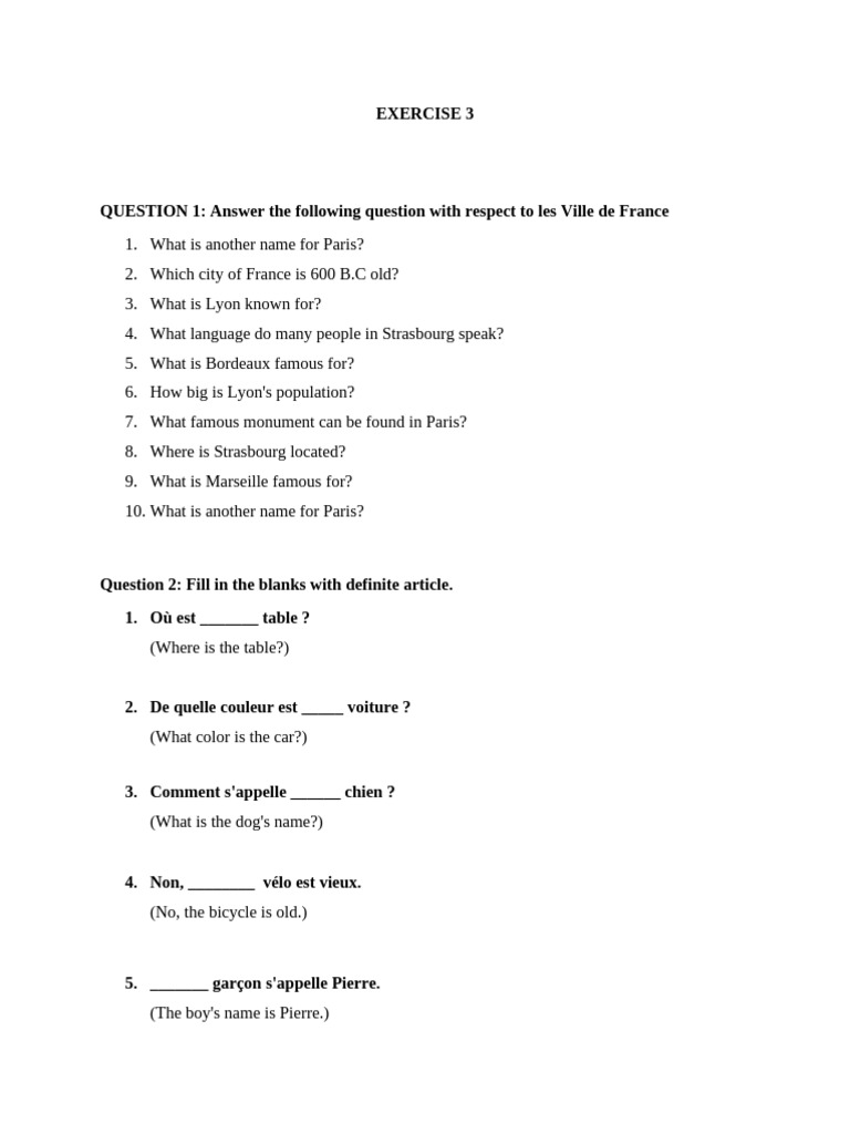 Cities of France Excercise | PDF