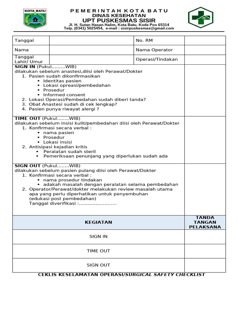Form CHECK LIST KESELAMATAN OPERASI PEMBEDAHAN | PDF