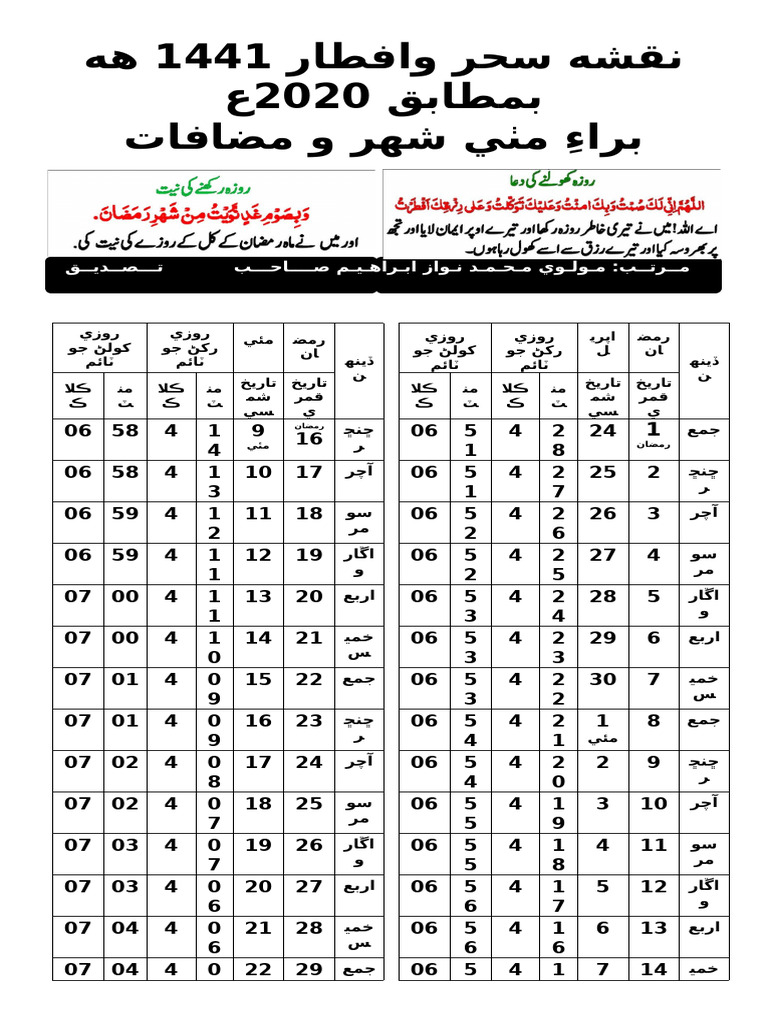 Ramzan Calendar New | PDF