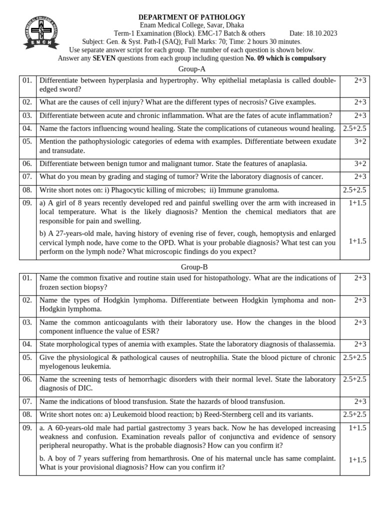 1-SAQ-Term 1-Block-EM17 | PDF | Inflammation | Neoplasms