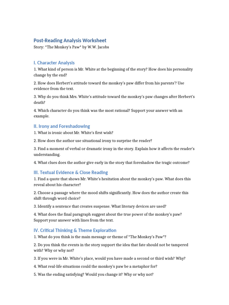 The Monkeys Paw Analysis Worksheet | PDF