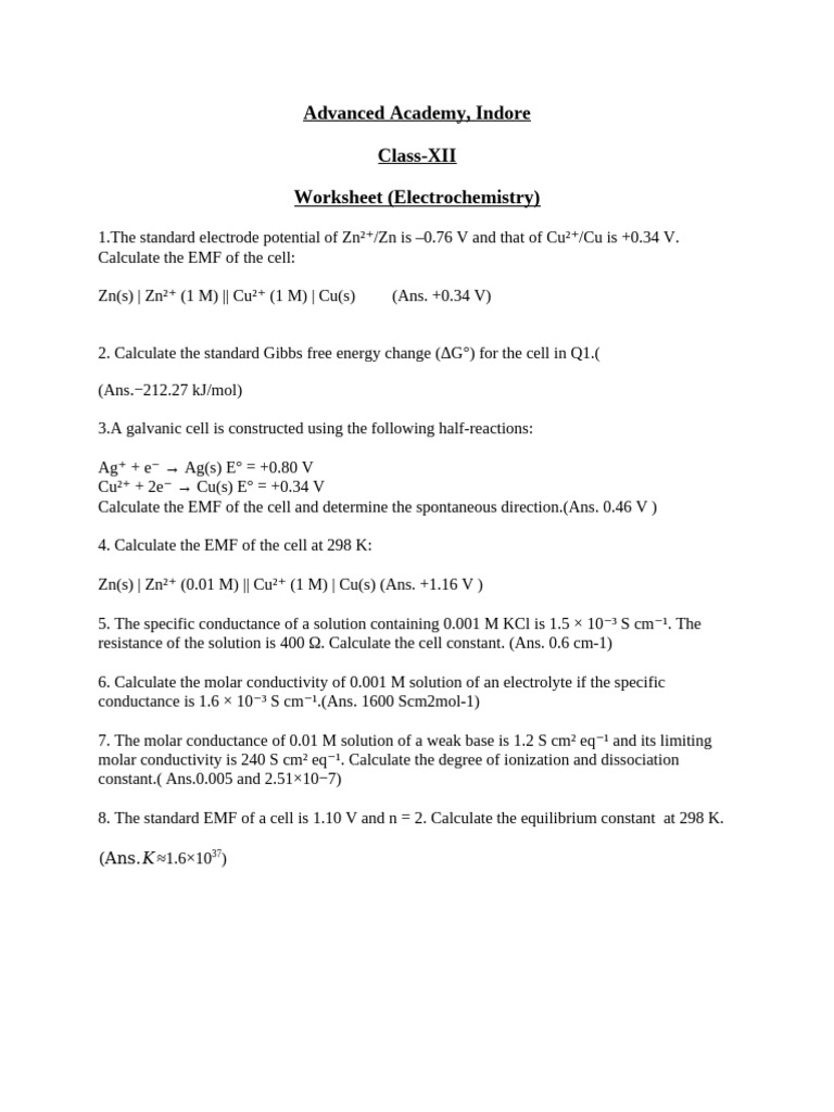 Worksheet of Class 12th Chemistry (Electrochemistry) (1) With Answers | PDF | Electrochemistry ...
