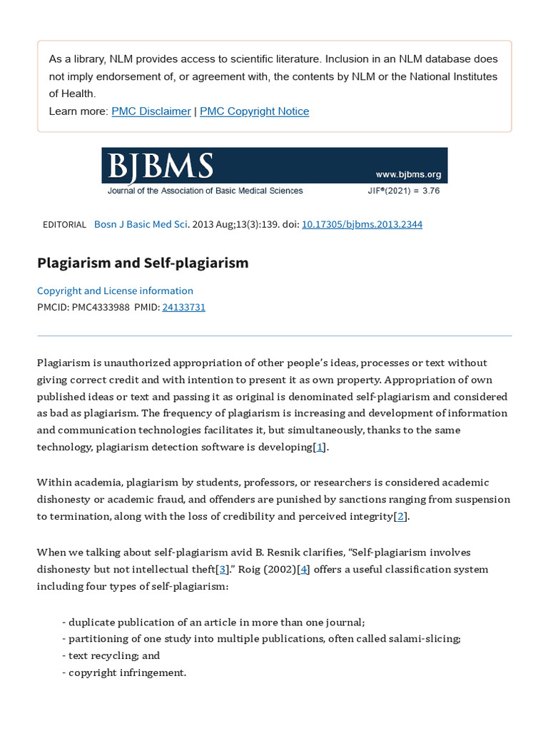 Plagiarism And Self Plagiarism Pmc Pdf Plagiarism Academia