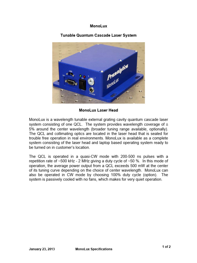 MonoLux-AA Speciifcations 2013-0123 | PDF | Laser | Quantum Optics