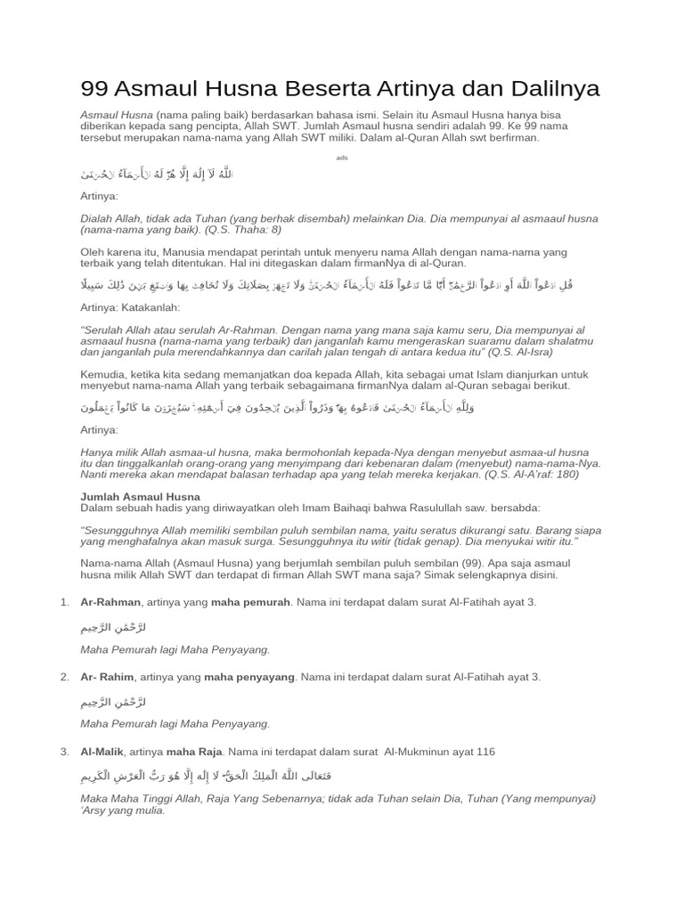 99 Asmaul Husna Beserta Artinya Dan Dalilnya | PDF