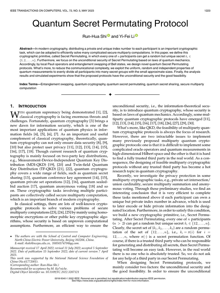 Quantum Secret Permutating Protocol | PDF | Quantum Entanglement | Cryptography