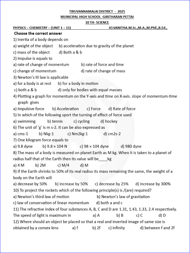 10th Science 1 Mark Question Paper With Answer Keys English Medium PDF ...