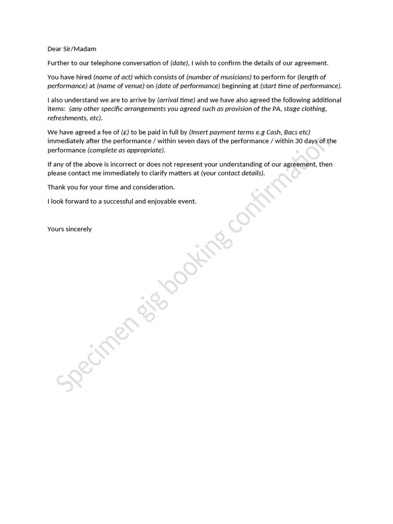 Artist Booking Confirmation Letter | PDF