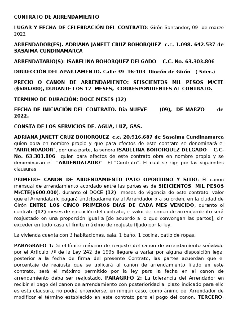 Contrato de Arrendamiento de Vivienda Urbana Adriana Janett Cruz | PDF ...