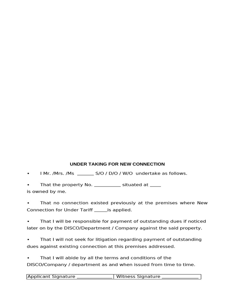 Under Taking For New Connection | PDF