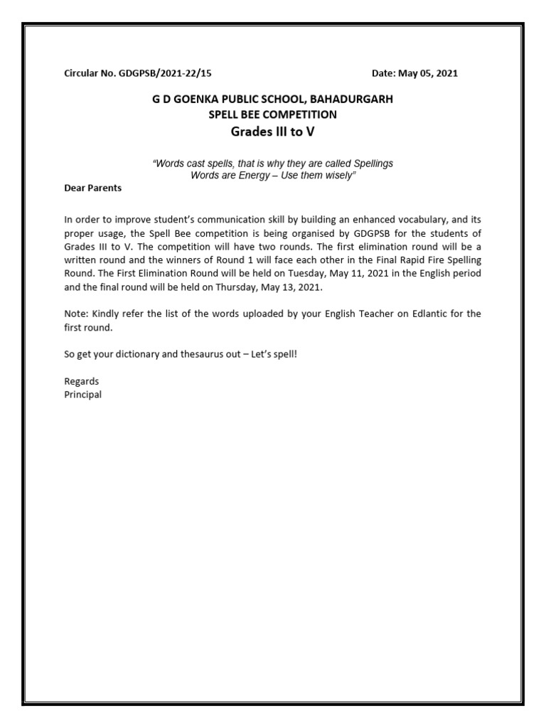 Spell Bee Competition for Grades III-V | PDF