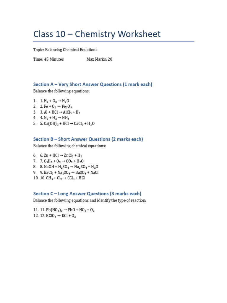 Class 10 Chemistry Balancing Equations Test | PDF