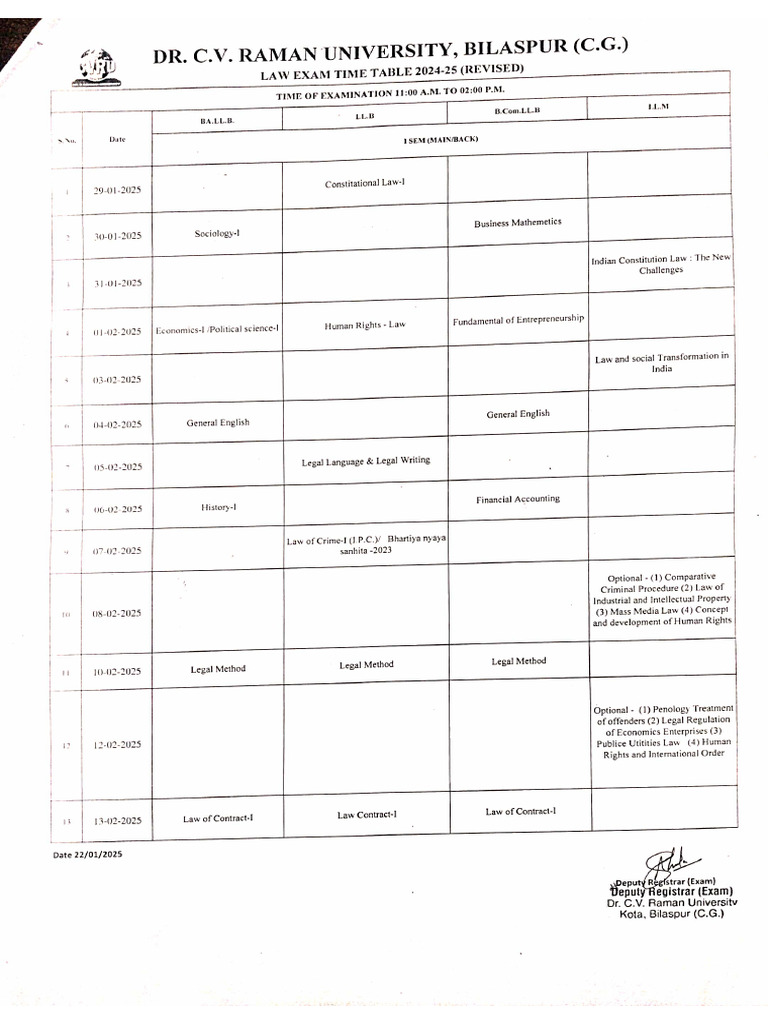 First Semester Time Table | PDF