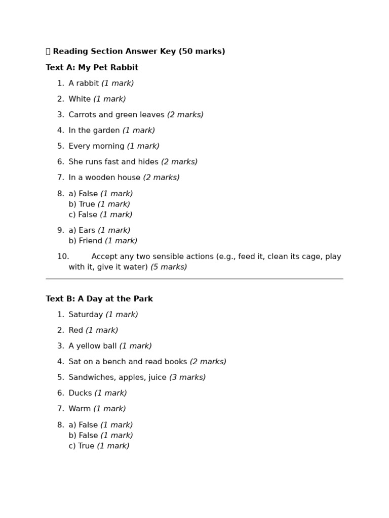Reading Section Answer Key | PDF