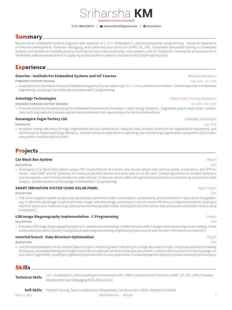 Sriharsha's P&E Resume - pdf-2 | PDF | Embedded System | Microcontroller