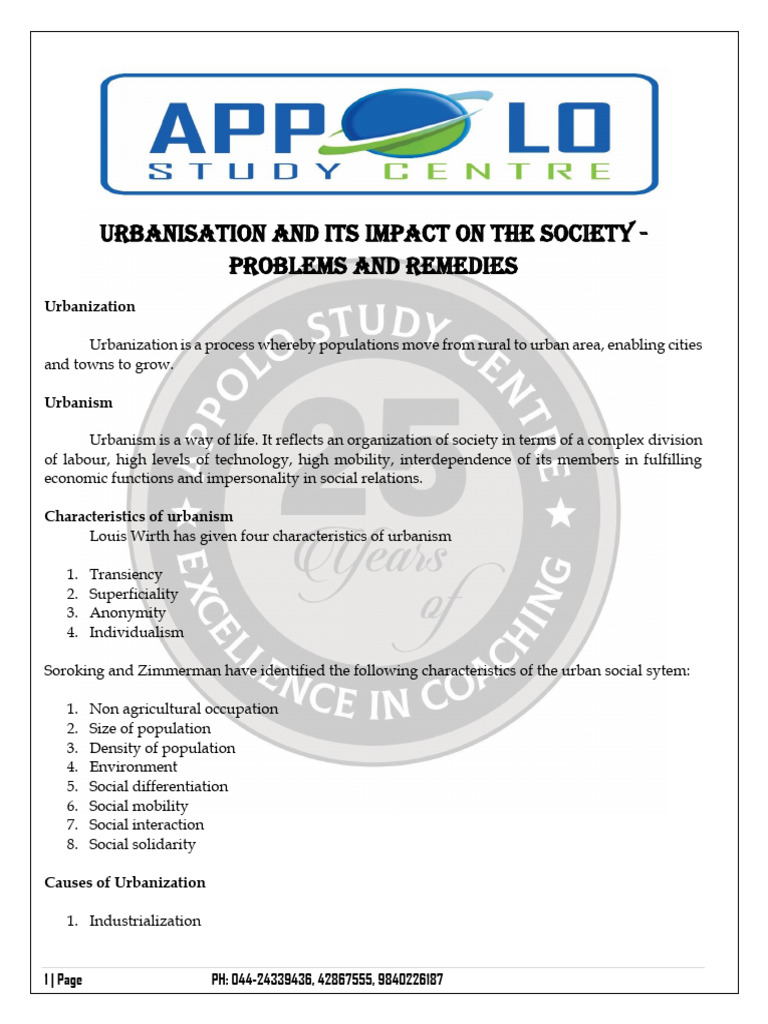 Urbanisation and Its Impact On The Society - PDF - 6788b44173a12 | PDF ...