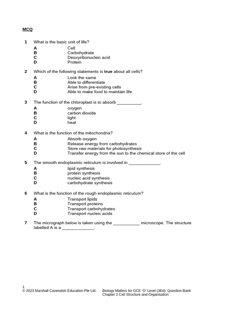 Cell Structure MCQ and Answers Guide | PDF | Endoplasmic Reticulum ...