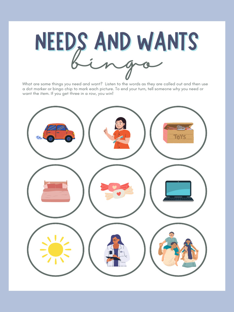 Needs and Wants Bingo Game Worksheet in A Colorful Simple Style | PDF