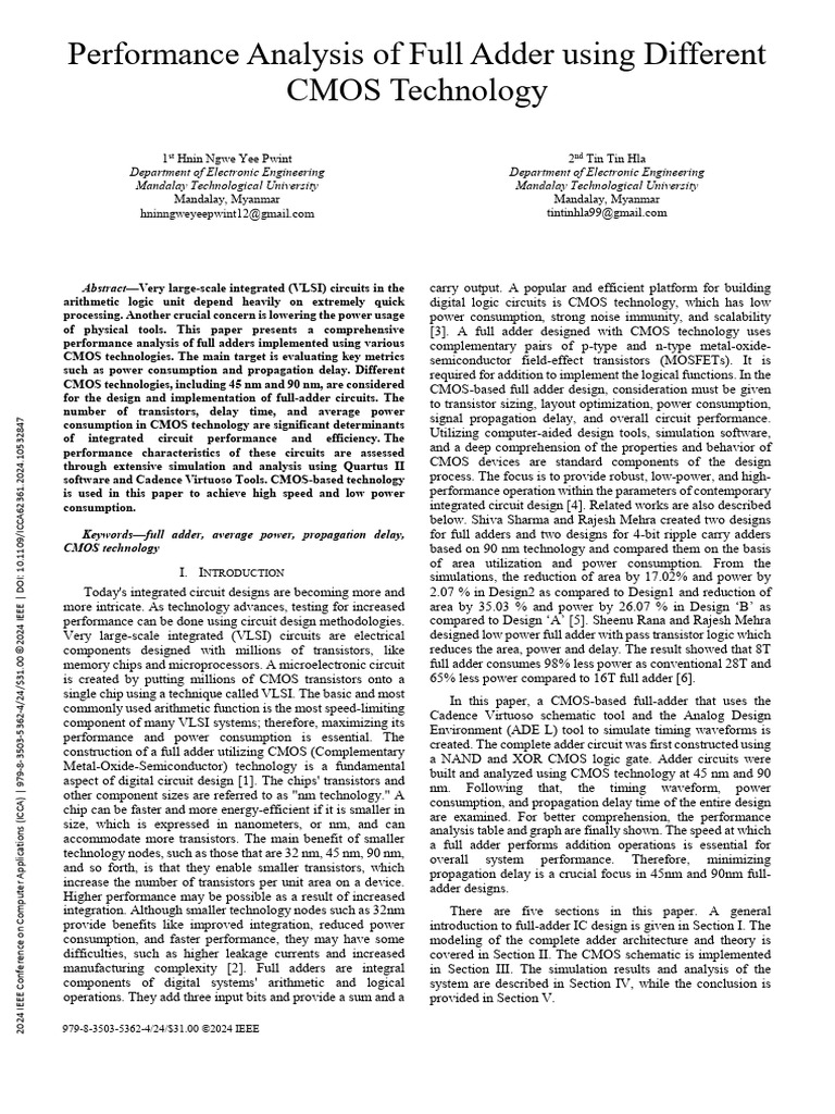 Performance Analysis Of Full Adder Using Different Cmos Technology Pdf Logic Gate Cmos