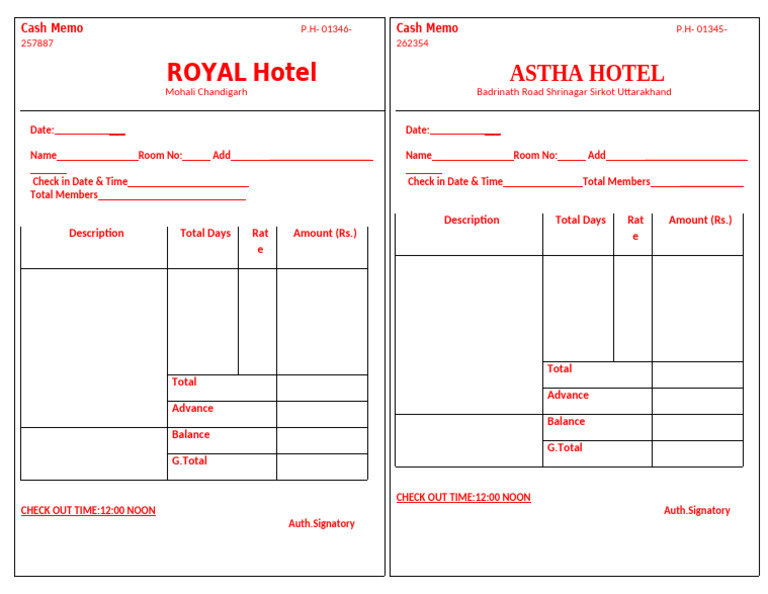 Hotel Cash Memo Template | PDF