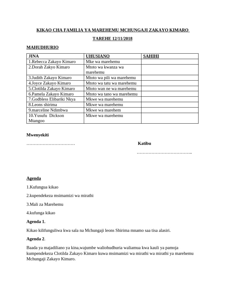 Kikao Cha Mirathi Familia Ya Marehemu | PDF
