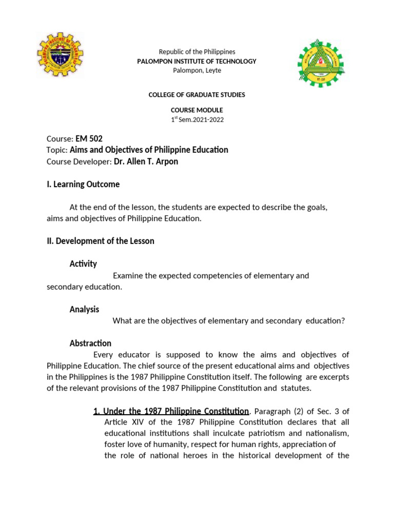 EM 502-Aims and Objectives of Philippine Education | PDF | Knowledge | Secondary Education