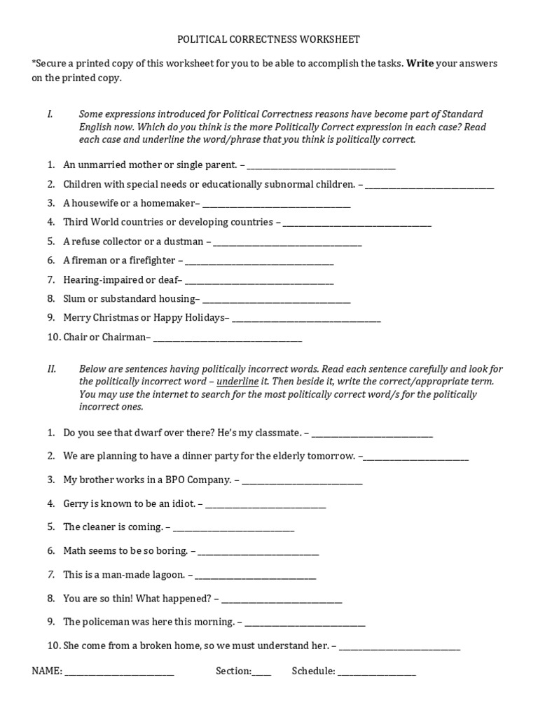Political Correctness Worksheet Guide | PDF