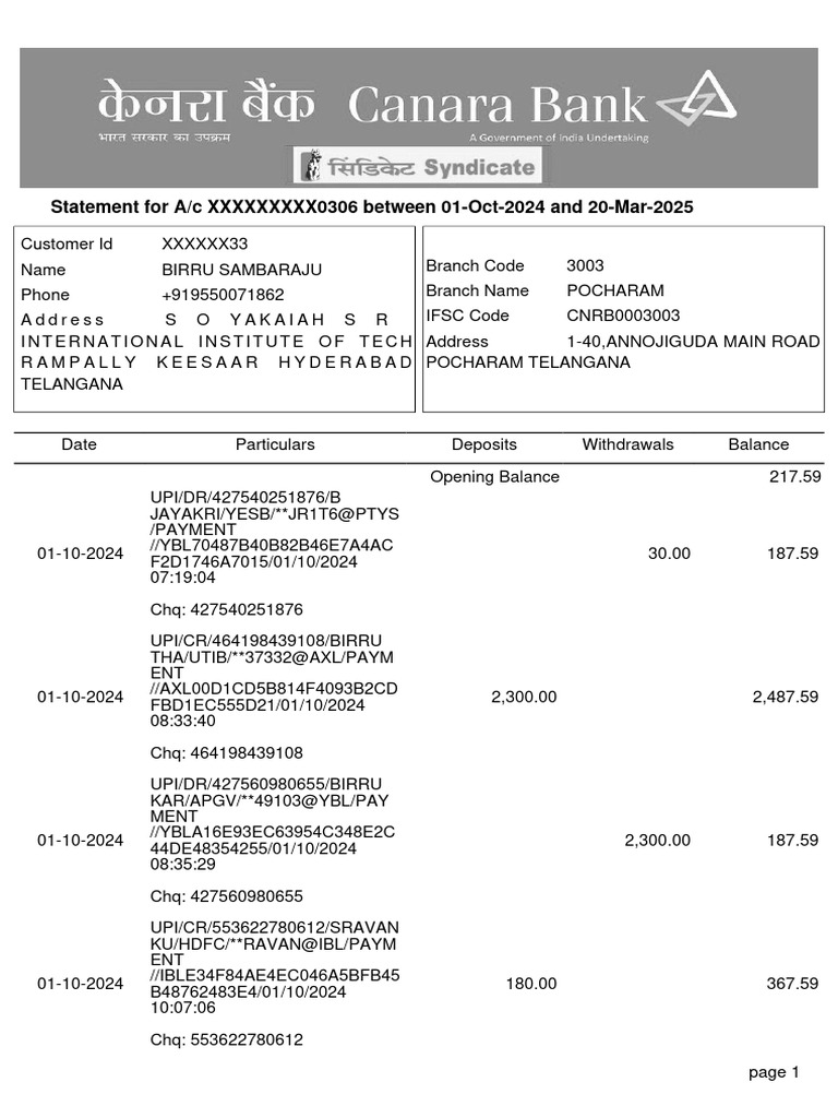 Canara - Epassbook - 2025-03-20 162936.624289 | PDF | Financial Technology | Finance & Money ...