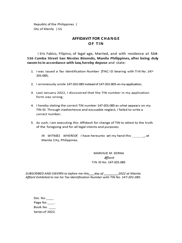 Affidavit For Change of TIN | PDF