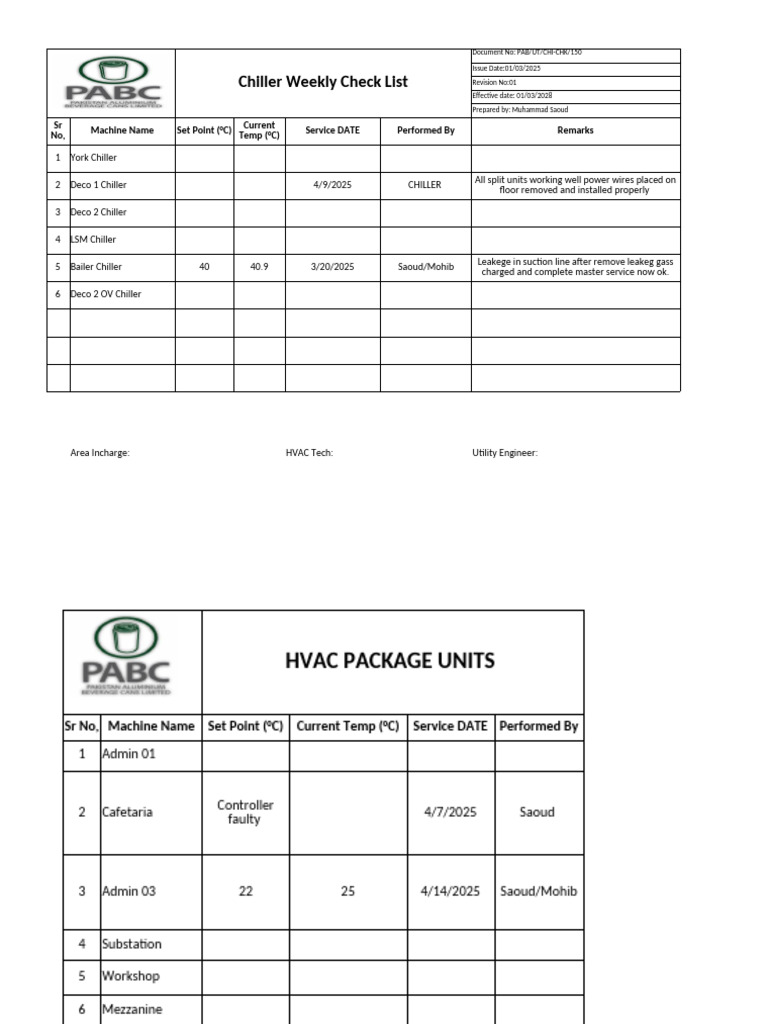Weekly Chiller Maintenance Checklist | PDF | Heat Transfer ...