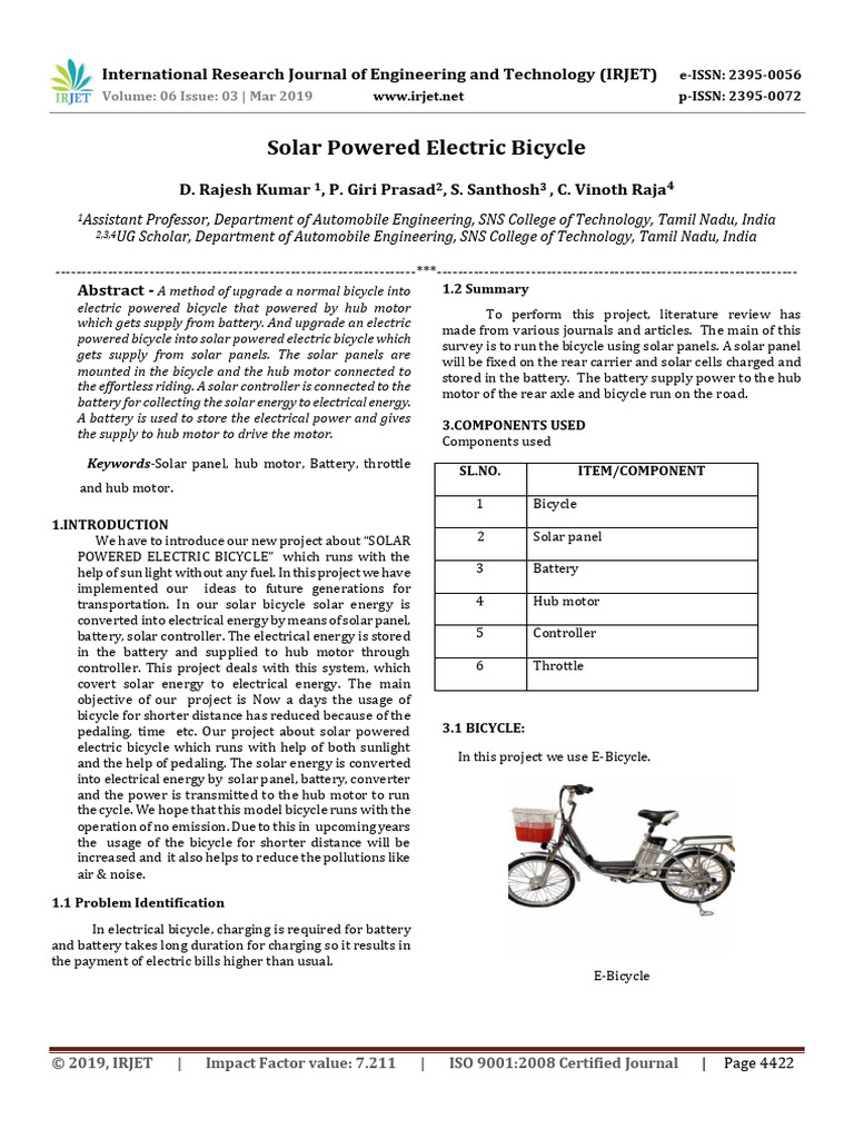 Solor Based Electric Bicycle Project Report | PDF | Solar Power | Engines